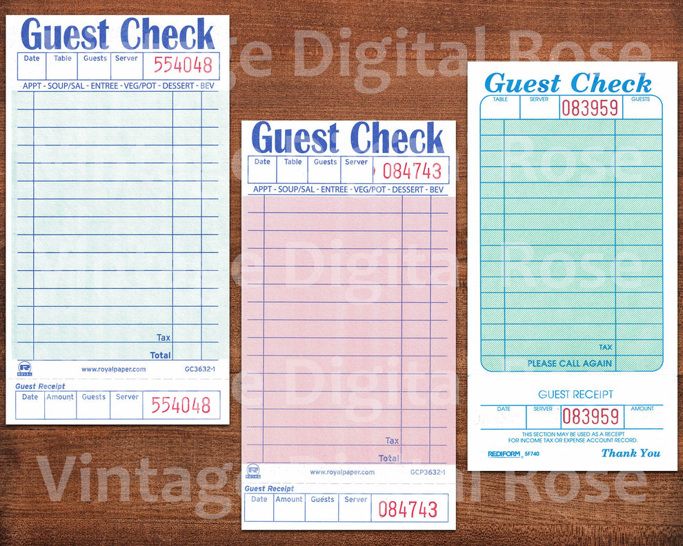 Vintage Printable Guest Checks Blank Unused Receipts Set of 3 Three Pi ...